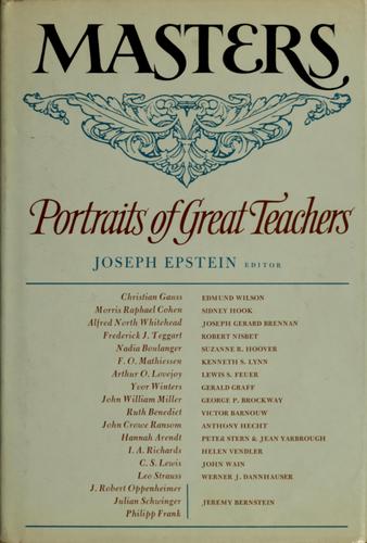 Masters : Portraits of Great Teachers used book by Joseph Epstein ...
